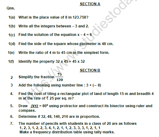 CBSE Class 6 Mathematics Question Paper Set 4 Solved